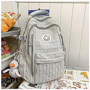 Qyrno Plaid Backpack Kawaii Backpack with Cute Accessories Cute Backpack Aesthetic Backpack DIY Backpack (5-Grey)