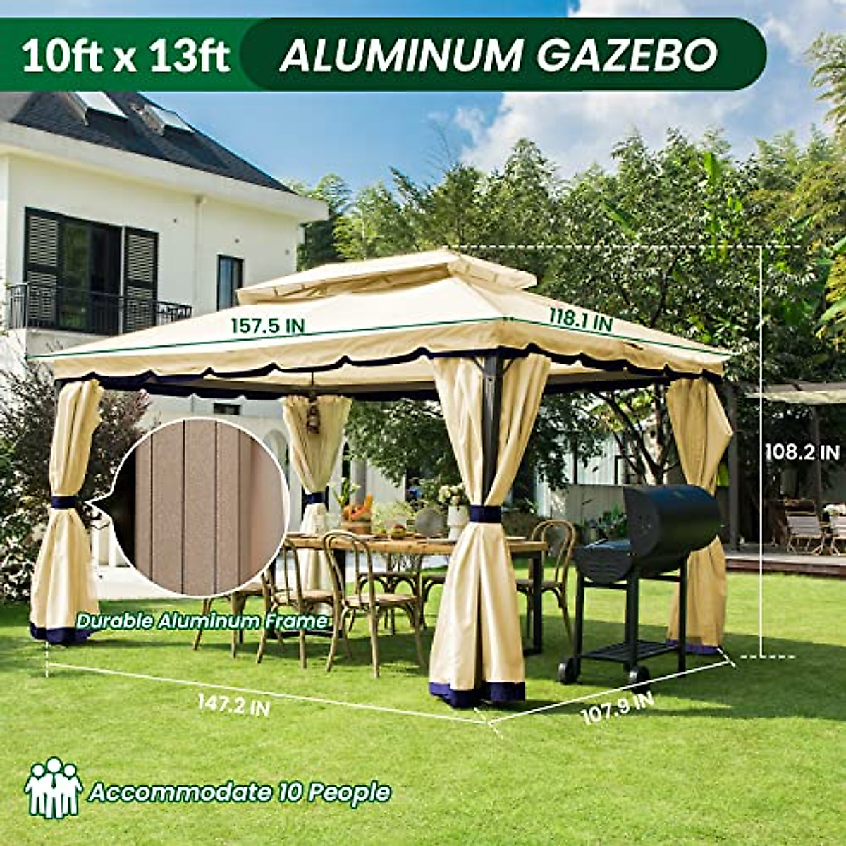 MEWAY Patio Gazebo 10x13 Gazebo with Mosquito Netting Aluminum Outdoor Gazebo Canopy with Curtains for Backyard Lawn Garden Deck, Beige Navy