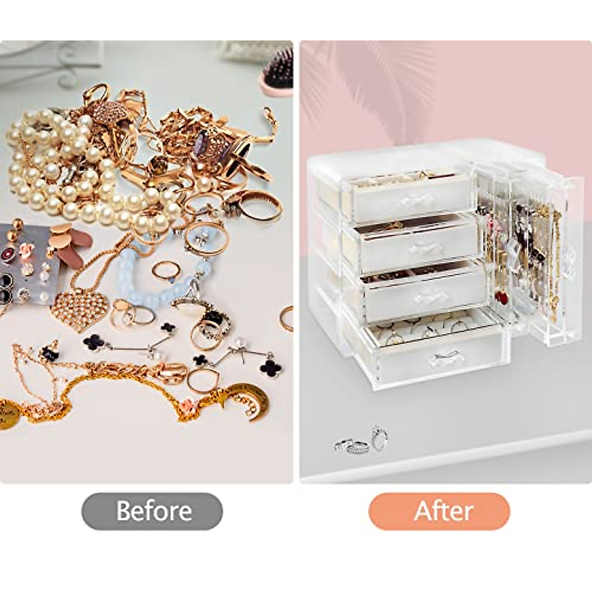 Acrylic Jewelry Organizer Box, Clear Earring Holder Jewelry Hanging Boxes with 4 Velvet Drawers for Earrings Ring Necklace Bracelet Display Case Gift for Women, Girls