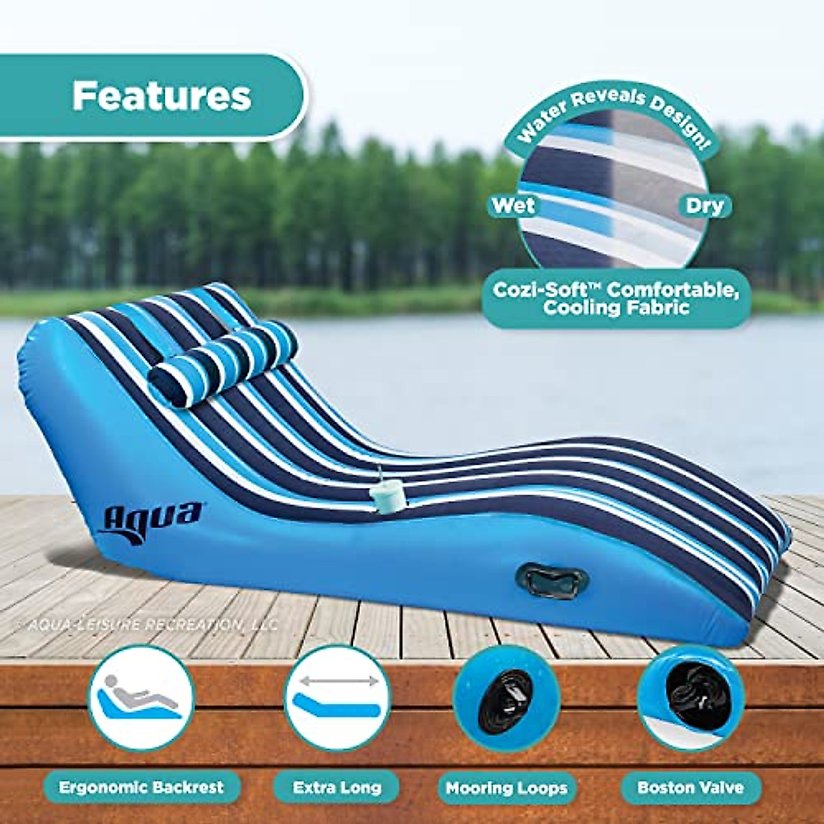 Aqua Ultra-Comfort Floating Pool Chair & Lake Raft with Pillow – 1-Person Heavy Duty Pool Float, Lake Floating Chair – Navy/White Stripe