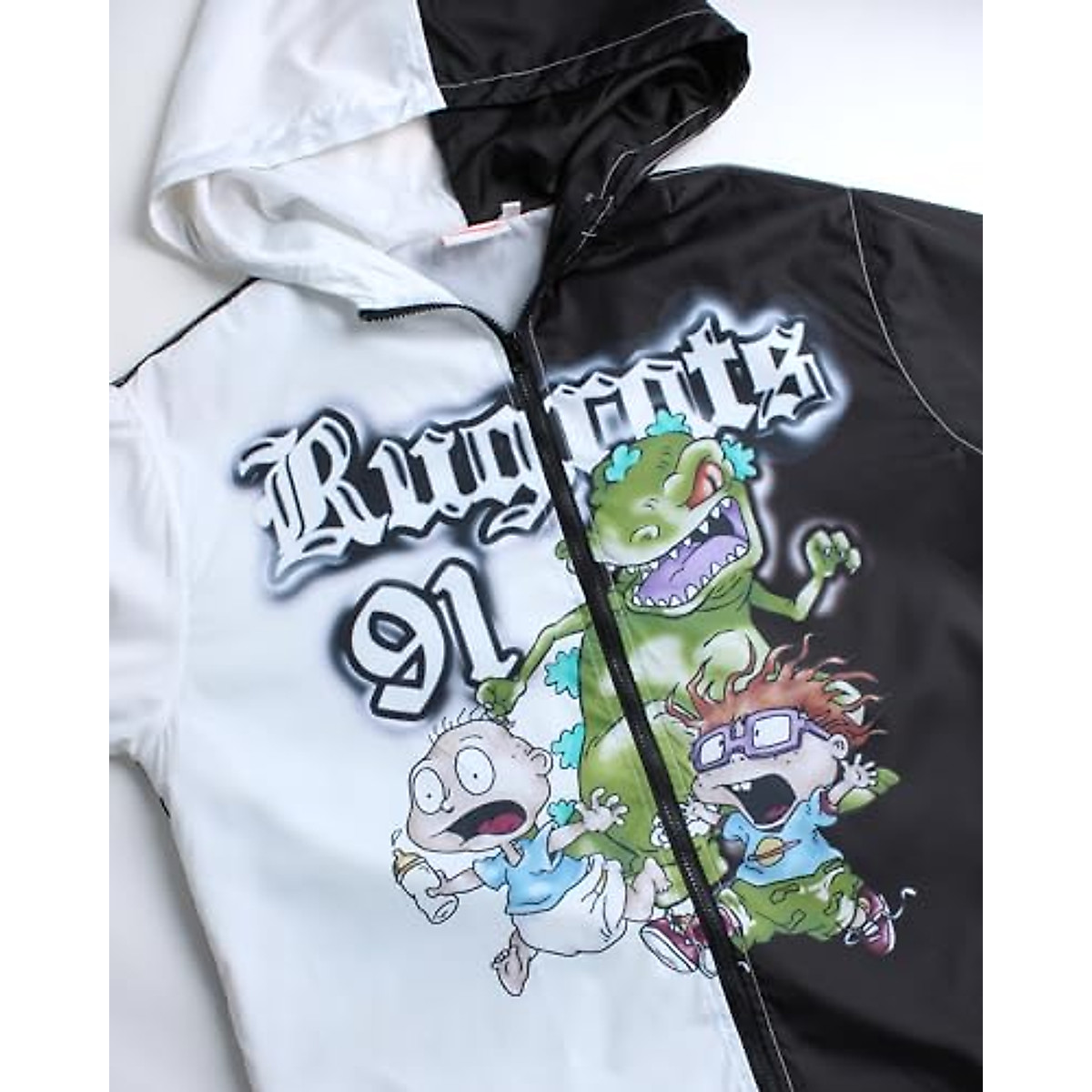 Nickelodeon Men's Jacket - Lightweight Hooded Windbreaker Coat - Vintage Novelty Streetwear for Men: SpongeBob Rugrats (S-XL), Size X-Large, Rugrats Black