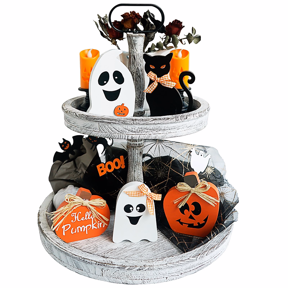Halloween Wood Signs Decorations Halloween Wooden Signs Pumpkin Ghost Black Cat Freestanding Table Signs, Halloween Tiered Tray Decor for Rustic Farmhouse Home Mantle