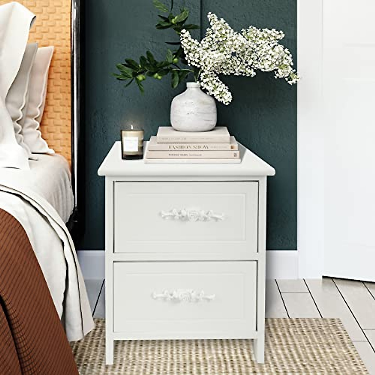 White Nightstands Set with Drawers, Wooden Night Stands Fully Assembled Modern White Night Stands with 2 Drawers, Night Stands Set of 2 for Small Space, Bedroom, Office