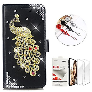 STENES Bling Wallet Phone Case Compatible with Samsung Galaxy Z Fold 2 5G - Stylish - 3D Handmade Crystal Peacock Magnetic Wallet Leather Cover with Neck Strap Lanyard & Screen Protector - Black