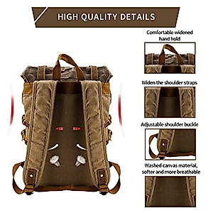 CRUITBILI Waxed Canvas Leather Hiking Travel Waterproof Backpack For College Weekend Travel Fit 15in Laptops (Army Green)