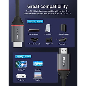 IVANKY 8K HDMI 2.1 Cable 10FT/3M, Certified High Speed HDMI 2.1 Cable, 4K@120Hz 8K@60Hz 48Gbps 144Hz, 7680P, DTS:X, eARC, HDR, for Roku TV/PS4 5/Xbox Series X