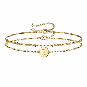 MONOZO Initial Charm Bracelets for Women, Dainty 14K Gold Filled R Letter Initial Bracelet Women Disc Monogram Bracelet Jewelry Gifts for Birthday Valentines Thanksgiving Christmas Anniversary