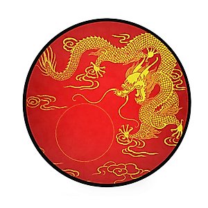 ALAZA Dragon Gold Red Chinese Round Area Rug,Non Slip Absorbent Comfort Round Rug,Washable Floor Carpet Yoga Mat for Entryway Living Room Bedroom Sofa Home Decor