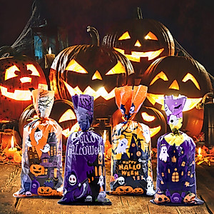 160 Pcs Halloween Cellophane Candy Bags - 4 Patterns Cute Treat Bags with Twist Ties, Trick or Treat Goodie Snack Gift Bags for Halloween Party Favors, Holiday Gift Wrapping, and Spooky Supplies