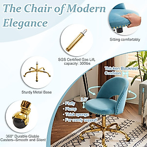 VINGLI Modern Velvet Small Office Chair,Cute Desk Chair with Wheels,Gold Base/Studs, Comfy Armless Swivel Vanity Task Chair for Women/Girl/Kids, Nail Tech Chair for Bedroom,Small Space,Cruising Blue