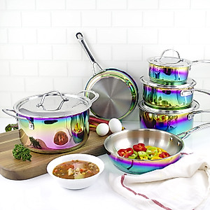 The Magical Kitchen Collection - Iridescent Rainbow Cookware Set - Premium Heavy Duty Stainless Steel and Titanium Pots & Pans Set - Rust Proof, Induction Stove & Oven-Safe (10 Piece)
