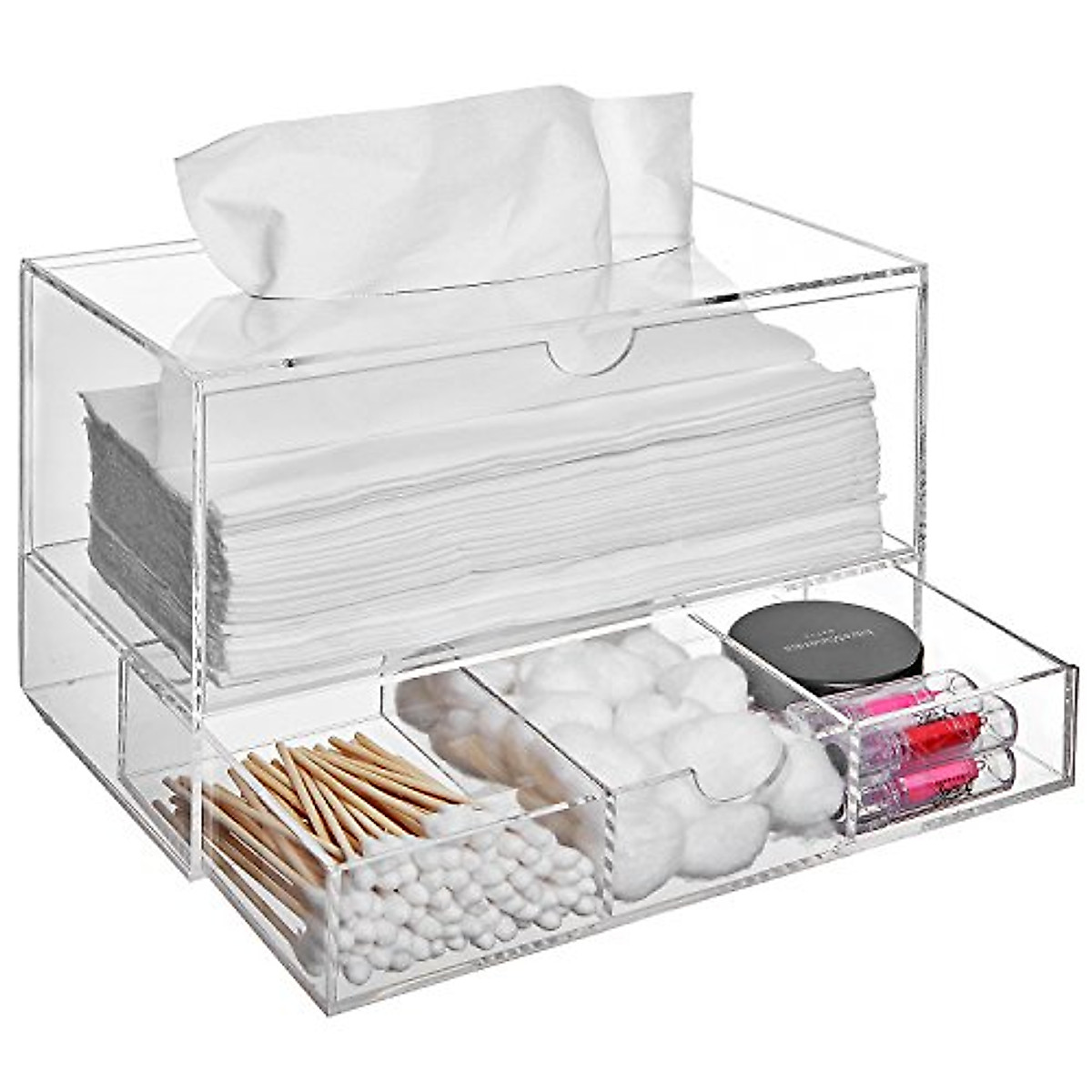Modern Clear Acrylic Cosmetic Organizer with Pull Out Makeup Storage Drawer with Tissue Box Dispenser - Countertop Bathroom Supplies Holder