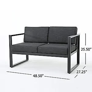 Christopher Knight Home Navan Outdoor 4-Seater Aluminum Chat Set, Silver / Dark Grey Cushions