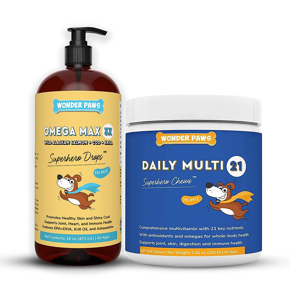 WONDER PAWS Omega Max Fish Oil Plus Daily Multivitamin Chews - for Dog Joint Health, Skin Moisture, Immune System Support & Daily Wellness - Omega Max 16 Ounces - Multivitamin 60 Chews