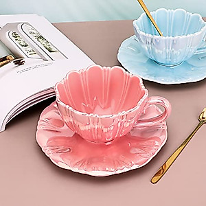 VCXOX Creative Cute Ceramic Coffee Mug with Flower Shape Saucer & Spoon Sets, Novelty Coffee Cup with Comfortable Grip for Office and Home, 8.1 oz/240 ML for Tea Latte Milk Cup (pink)