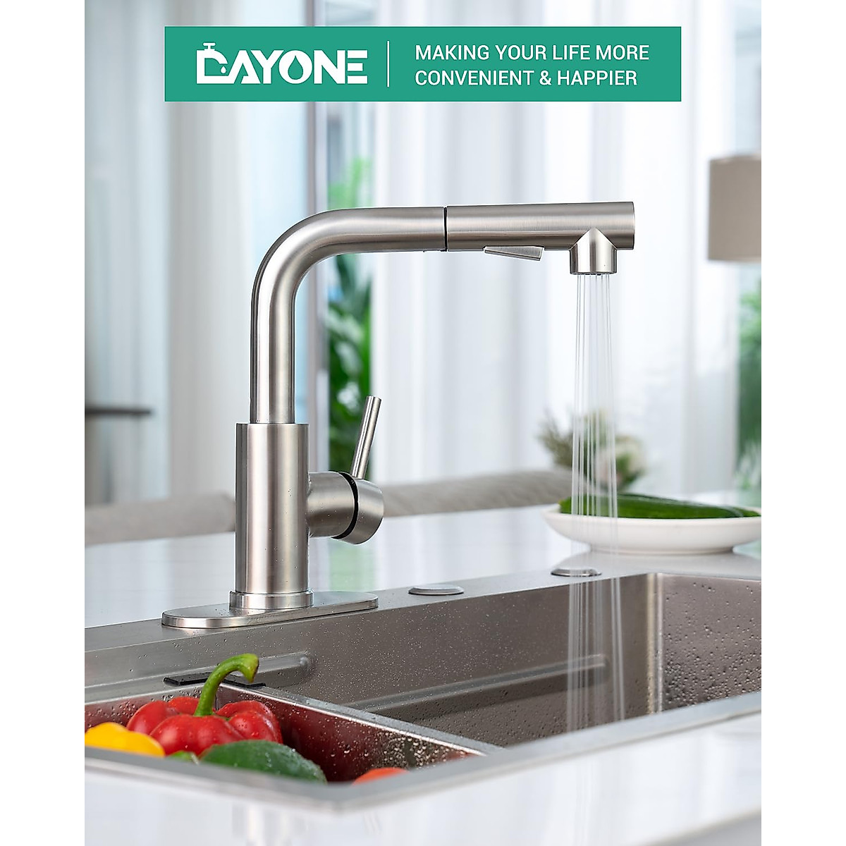 Bar Sink Faucet Brushed Nickel with Pull Out Sprayer, DAYONE Modern Stainless Steel Kitchen Faucets, Utility Single Hole/Handle Mini Bar Faucet Tap for RV