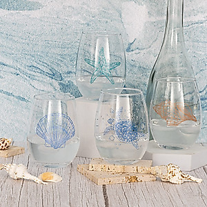 Ocean Themed Stemless Wine Glasses, Set of 4 Seashore Glassware - Sea Turtle, Starfish, Seashell, Conch Shell Assortment, Gifts for Coastal Beach Sea Lovers, Birthday Gifts for Women Best Friends Gift