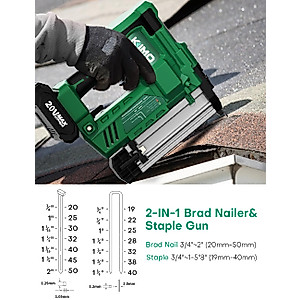 KIMO 18 Gauge Nail Gun Battery Powered w/ 2 X 2.0 Battery & Charger, 2 in 1 Cordless Brad Nailer/Electric Stapler, Adjustable Depth, 18GA Staples for Upholstery, Home Improvement & Woodworking