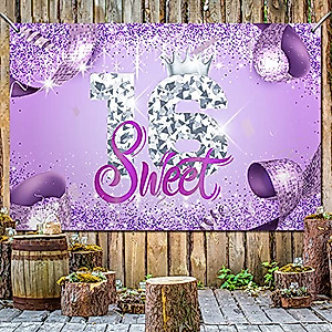 Happy 16th Birthday Banner Backdrop Sweet 16 Years Old Queen Purple Background Bday Decorations for Girls Women Photography Party Supplies Glitter
