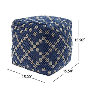 Christopher Knight Home Ophelia Outdoor Cube Pouf, Boho, Blue and White Yarn