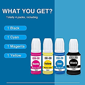 Paeolos Compatible Refill Ink Bottle Replacements for Canon GI20 GI 20 GI-20 Pigment Work for Canon PIXMA G6020 G7020 G5020 MegaTank Printers, 4 Bottles (Black, Cyan, Magenta, Yellow)
