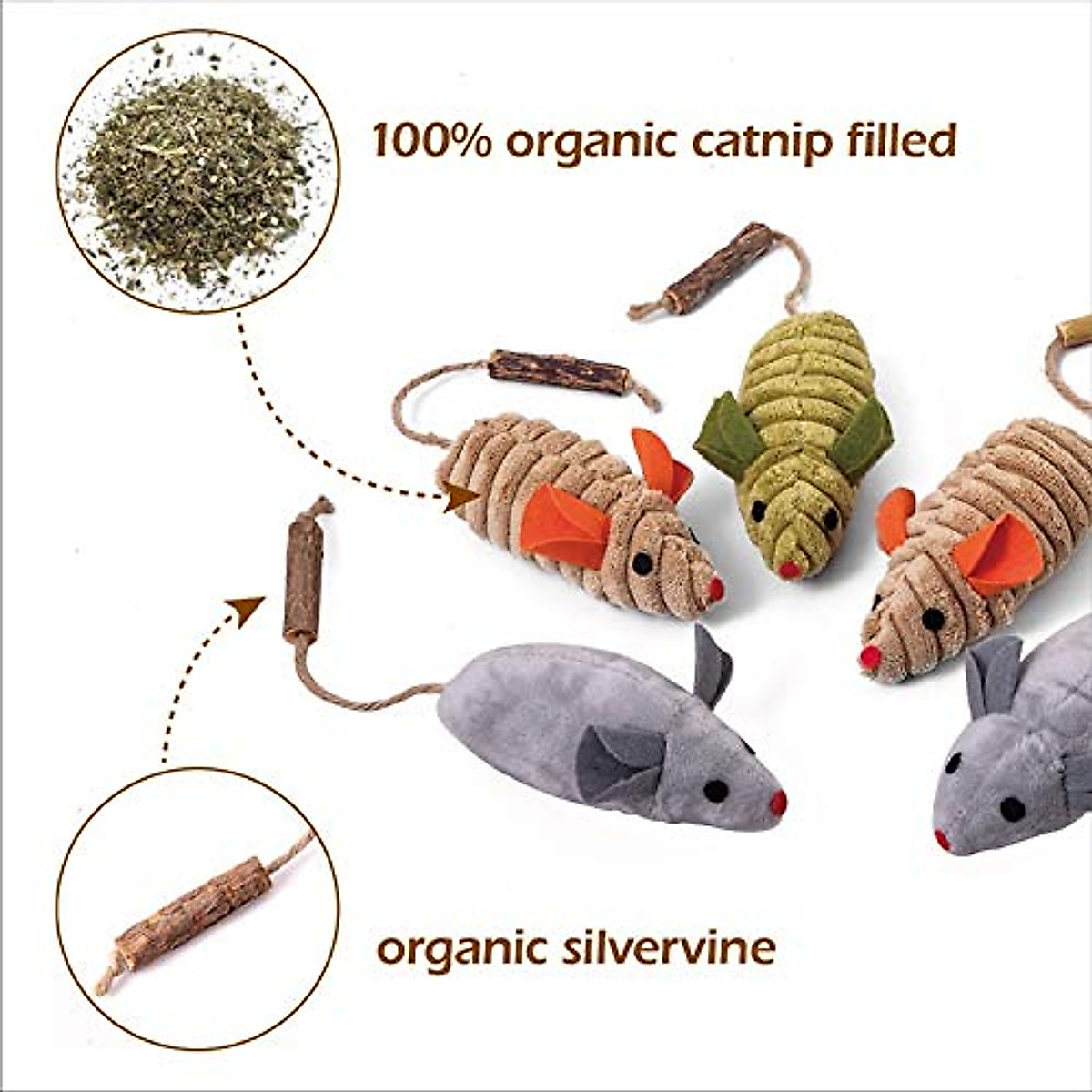 PEEKAB 5Pcs Catnip Toy Oirganic Silvervine Toys Plush Cat Chew Interactive Toys Cat Mice & Animals Toys for Indoor Cats and Kittens Over 6 Months Old (Multicolor 5Pcs Mice)