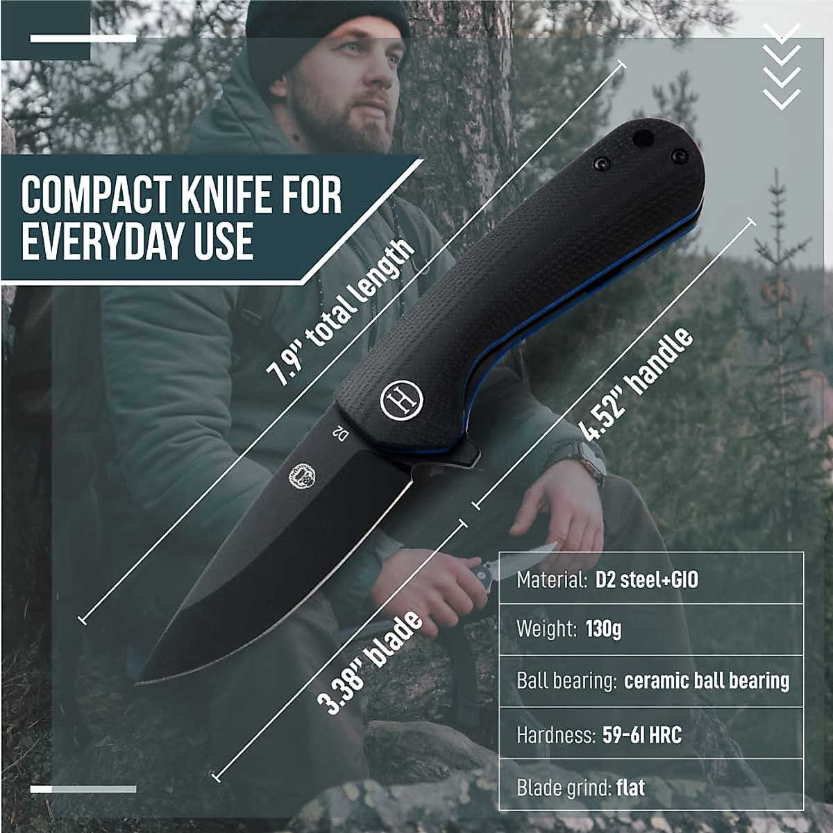 Holtzman's Gorilla Survival 'Straightback' Folding Knife featuring D2 Steel Blade and G10 Tactical Handle in Gift Box Set (Black+Blue)