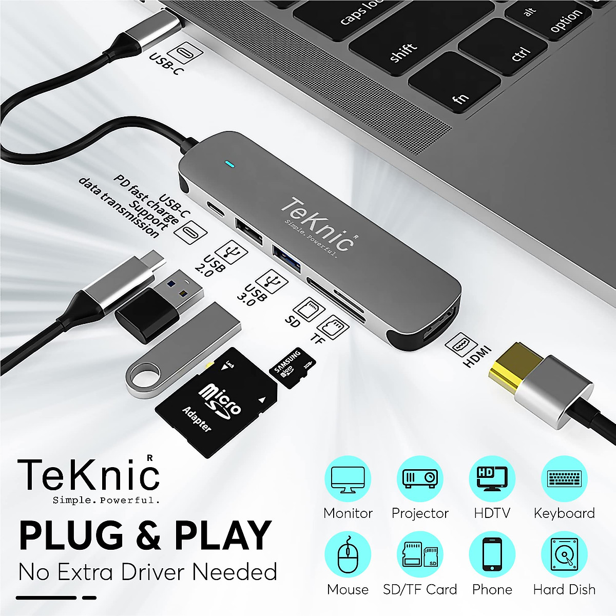 USB C HUB Adapter 6 in 1 with USB 3.0 Connections 4K-HDMI 60wPD SD/TF Card Reader Laptop Docking Station MacBook