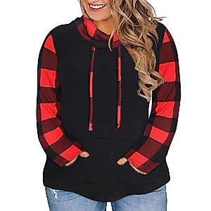 TIYOMI Womens Plus Size Tops Mock Neck Long Sleeve Shirts Turtleneck Raglan Tunics with Pocket Fall Winter 2XL Drawstring Loose Comfy Sweatshirt Solid Casual Colorblock Black Red Plaid Pullover