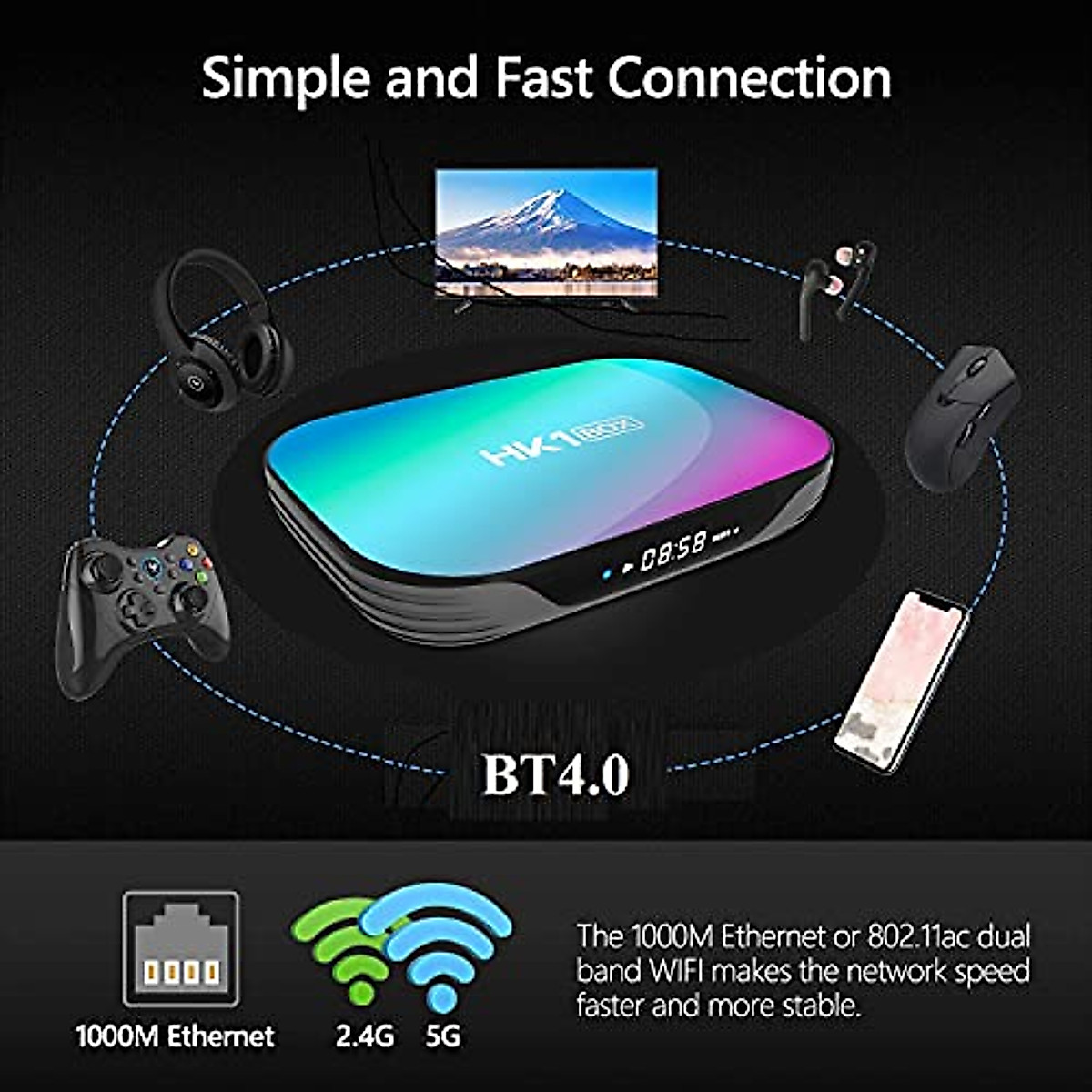 Sofobod HK1 Box Smart TV Box Android 9.0, 4GB RAM 128GB ROM, S905X3 Quad Core 64bit Cortex-A55, GPU G31™ MP2, 2.4G/5G Dual WiFi BT4.0 H.265 Decoding LAN 1000 RJ-45, HD 8K