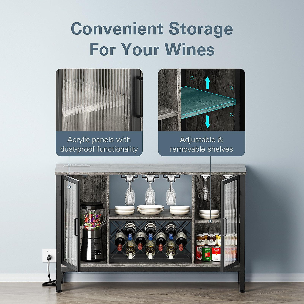 Zarler Bar Table Cabinet with Power Outlet and Light, LED Wine Bar Stand for Liquor and Glasses, Metal Home Mini Bar with 4-Tier Storage (Dark Grey), 13.4″D x 47″ W x 29.5″H, WBC001