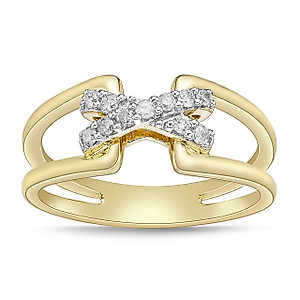 14K Yellow Gold Plated .925 Sterling Silver & 1/6 Cttw Diamond X Shaped Ribbon Split Shank Buckle Statement Ring (I-J Color, I2-I3 Clarity) - Size 5