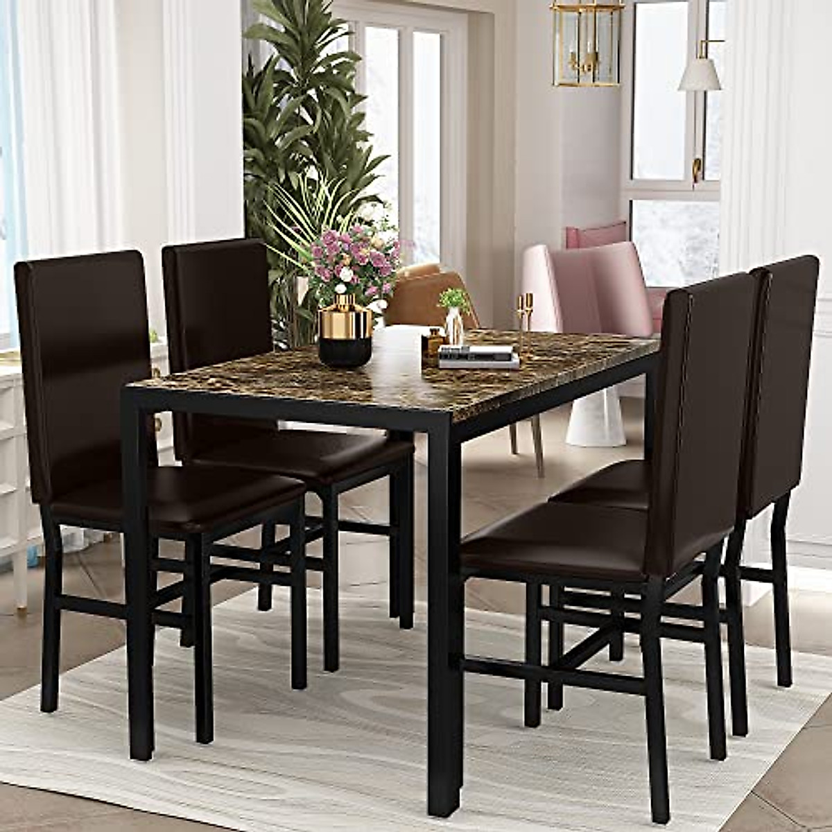 Recaceik Dining Room Table Set for 4 Modern Dinner Table Set for 4 Faux Marble Kitchen Table and Chairs for 4, 5 Piece Dining Table Set w/Leather Upholstered Dining Chairs for Small Spaces
