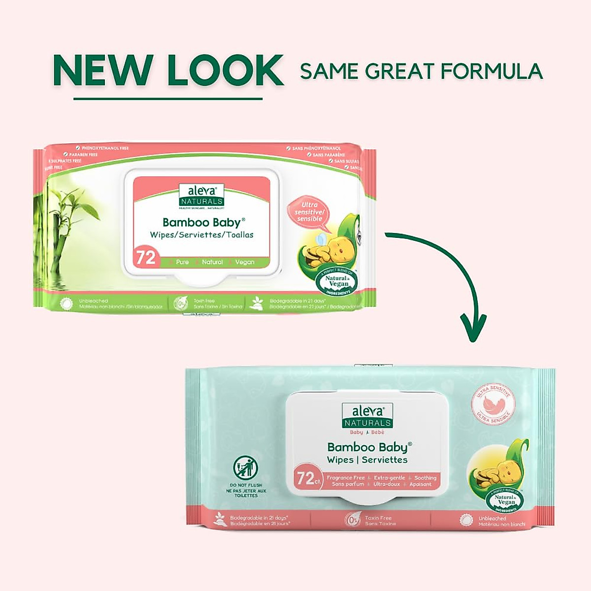 Aleva Naturals Bamboo Baby Sensitive Wipes for babies with Sensitive Skin, Natural and Organic Formula, Hypoallergenic, Biodegradable, Extra Strong and Ultra-Soft, Perfume Free Diaper Wipes - 72 Count