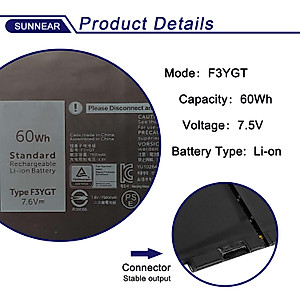 SUNNEAR F3YGT 7.6V 60Wh Battery Replacement for DELL Latitude 12 7000 7280 7290 13 7000 7380 7390 14 7000 7480 7490 Laptop DM3WC 0DM3WC 2X39G