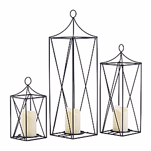 Set of 3 Tall Metal Lanterns 24’’ & 19’’ & 13’’ Elegant Decorative Lantern with Pillar Candle Holder, Garden Porch Night Indoor/Outdoor for Wedding Décor, Party, Christmas (Black)