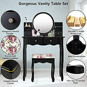 CHARMAID Vanity Set with 4 Storage Shelves and 4 Drawers, Makeup Table with 360° Pivoted Round Mirror and Makeup Organizers, Dressing Table with Mirror and Cushioned Stool for Women Girls (Black)