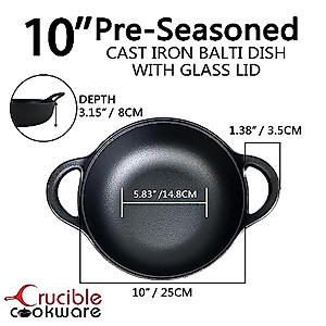 Cast Iron Balti Dish Pot with a Glass Lid, 3 Quart Medium Cast Iron Casserole Dish, Nonstick Handi Cast Iron Kadai Indian, Asian Wok, Dutch Oven