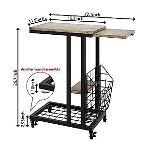 X-cosrack C End Table with Wheels C Shaped Side Table with Side Pocket Industrial Wood Sofa Side End Tables Rolling Casters for Coffee Laptop Sofa Couch Bed Living Room