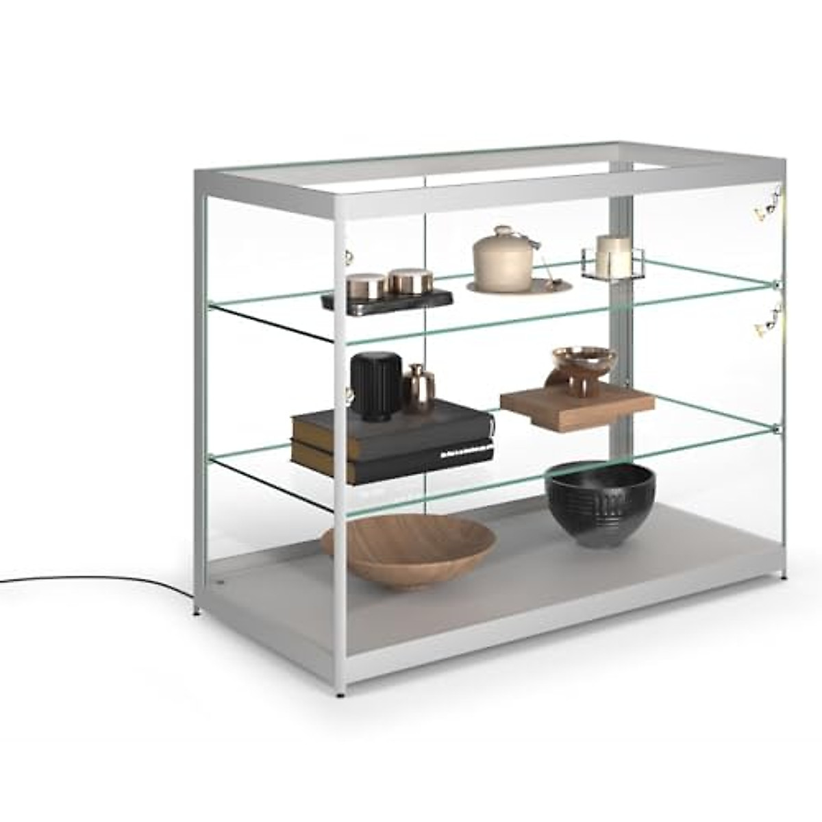 Displays2go Retail Display Counter with Lighting, Locking, Tempered Glass Shelves, Aluminum Frame – Clear, Silver (JBQCT48LED)