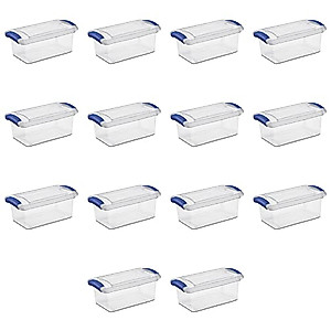 7 Qt. Latch Box Plastic Shoes Storage With Durable Lid, Stackable and Nestable Snap Lid BPA-Free Plastic Storage Box Organizing Container With Blue Lid, Set of 14