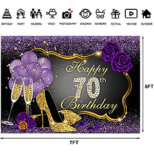 Happy 70th Birthday Backdrops Shining Purple Dots and Gold Frame Photography Background for Party Decorations Rose Floral Balloons Heels Champagne Glass Party Banner Supplies Photo Studio Props 7x5ft