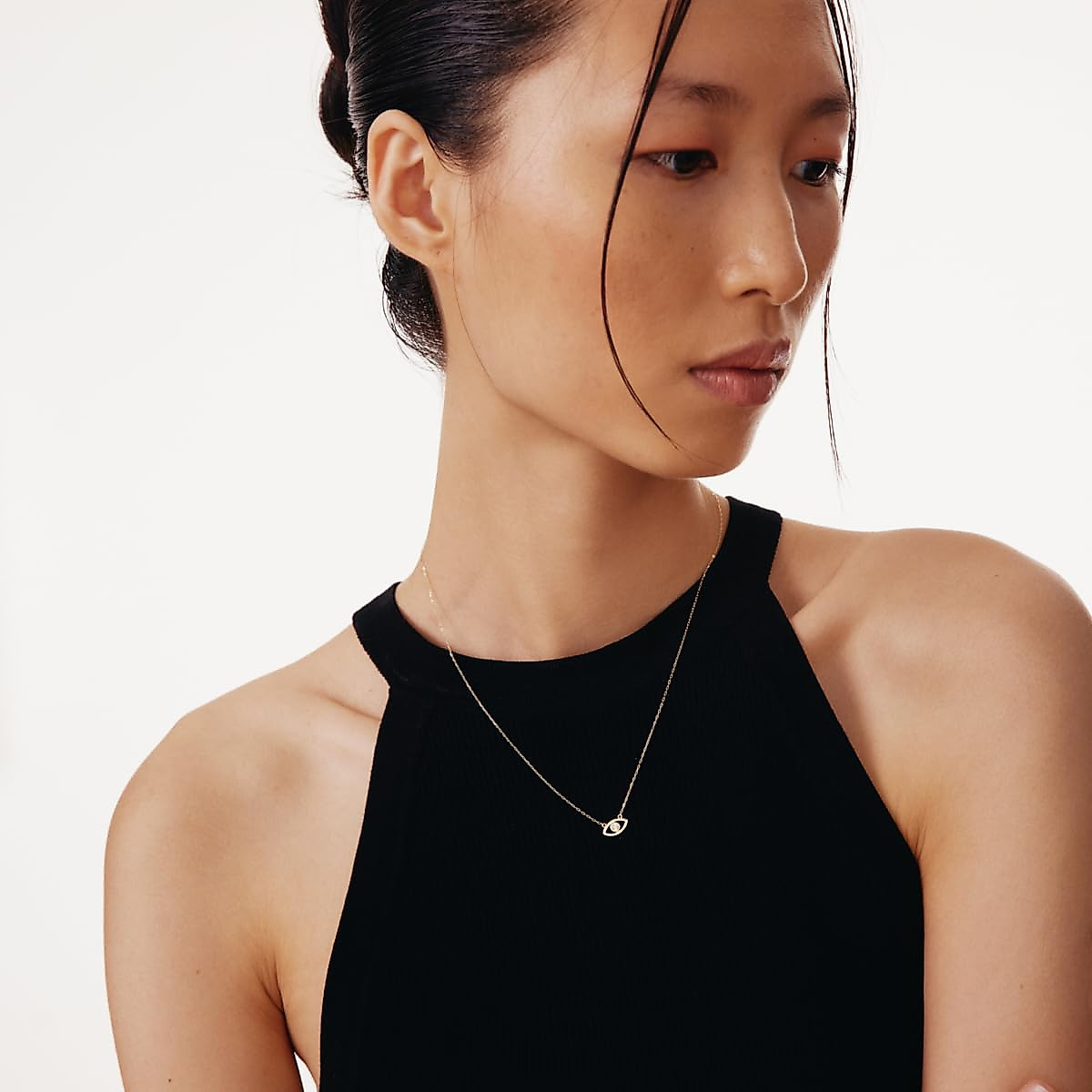 Diamond Evil Eye Necklace | 14k Yellow Gold Open Evil Eye Necklaces for Women | 14k Solid Gold Solitaire Diamond Pendant Necklace | Delicate Protection Jewelry | Gifts for Birthday, 18"