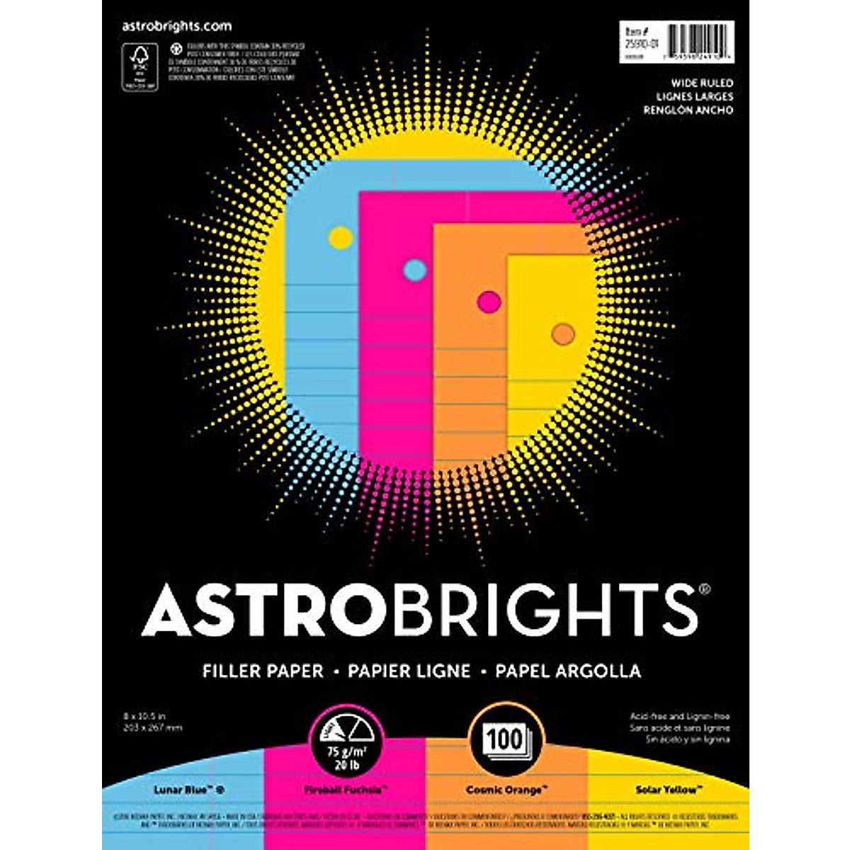 Astrobrights-25910-01 Filler Paper, 8 x 10-1/2 Inches, 20 lb, Assorted Colors, 100 Sheets