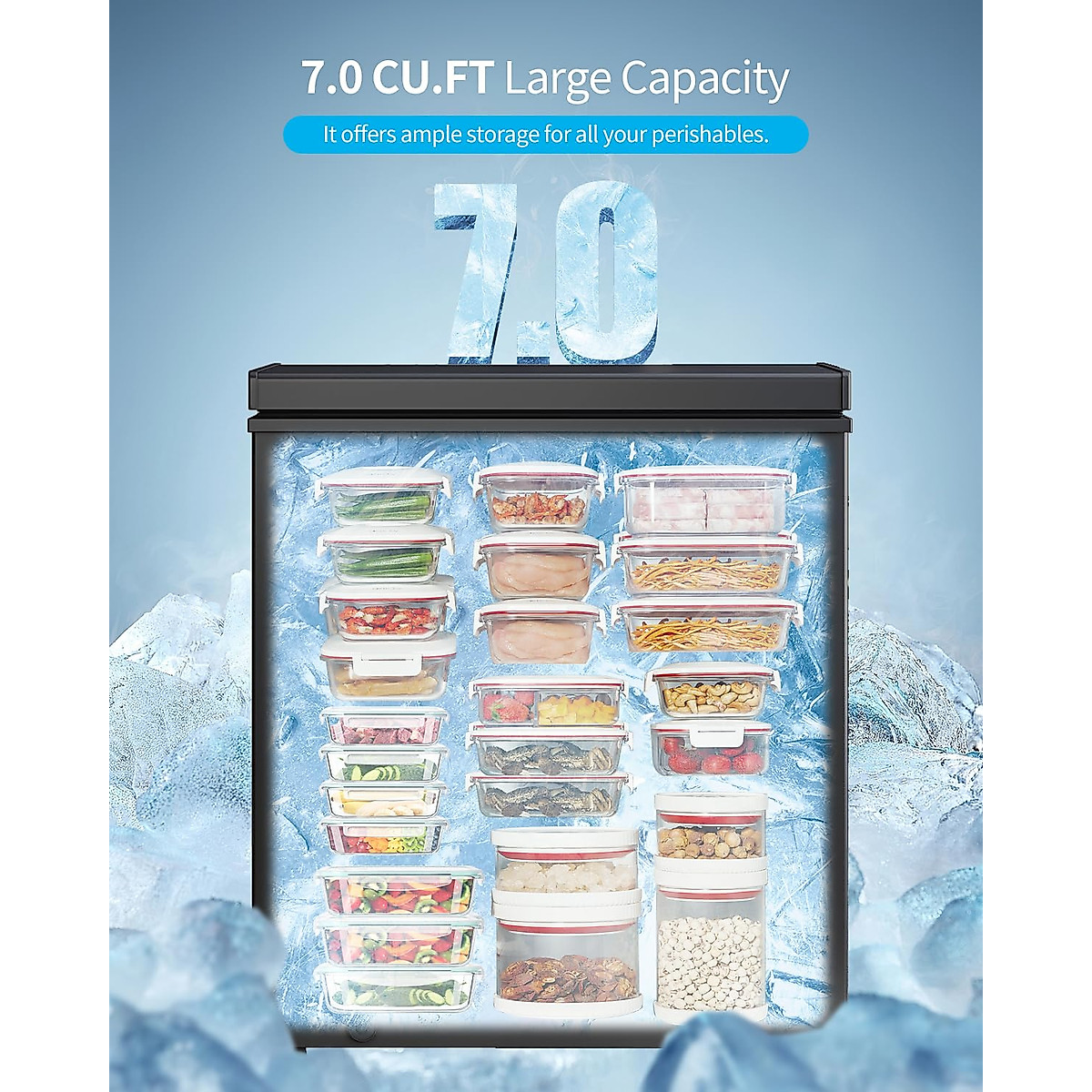TABU 7.0 Cubic Feet Chest Freezer, Energy Saving Chest Deep Freezer with 7 Level Adjustable Thermostat, Top Opening Compact Freezer with Removable Storage Basket (Black)