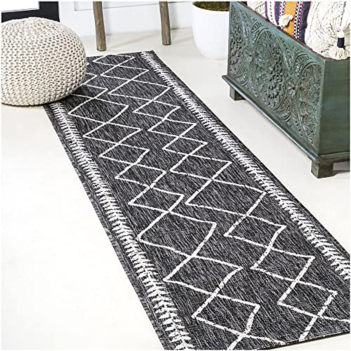 JONATHAN Y SMB129E-28 Derya Tribal Diamond Trellis Indoor Outdoor Area-Rug Bohemian Contemporary Easy-Cleaning Bedroom Kitchen Backyard Patio Non Shedding, 2 X 8, Black/Ivory