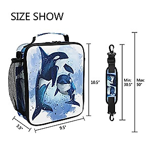 Insulated Lunch Bag Killer Whale Ocean Watercolor Portable Lunch Box Zippered Lunch Tote Bag Cooler Bag with Adjustable Strap for Women Men Work School Girl Boy