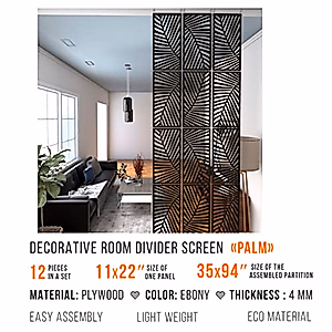 Room Divider Hanging Screen - Style Palm, 12 Panels 11x22 inches (Ebony Wood)