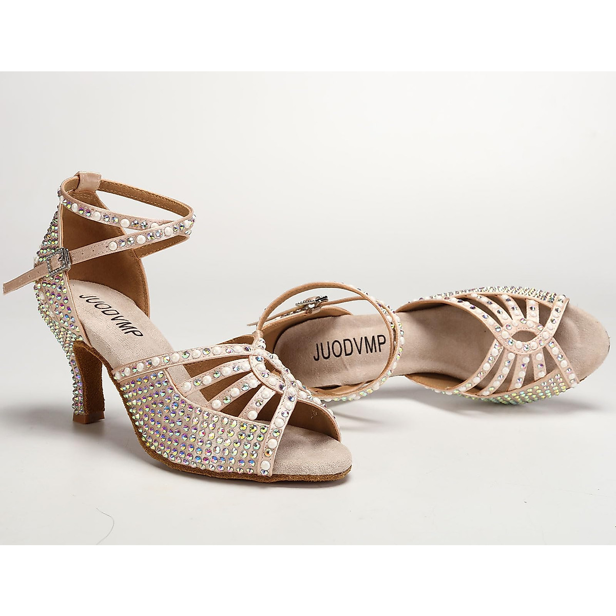 JUODVMP Women's Latin Dance Shoes Rhinestones Satin Ballroom Dance Shoes Salsa Professional Dance Shoes,Model 430,3 inch Heel,Nude,7 US