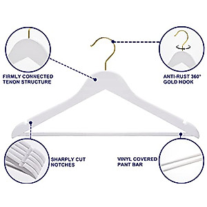 Amber Home Solid Wood Suit Coat Hangers 30 Pack, Smooth White Finish Wooden Dress Hangers with Non Slip Pant Bar, Clothes Hangers with Gold Hook & Notches for Jacket, Pant, Shirt (White+Gold, 30)